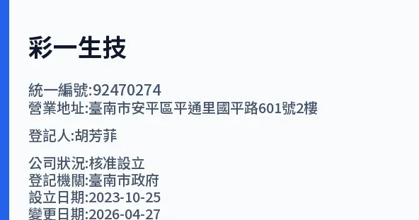 彩一生技的照片-統編 92470274(臺南市) 公司登記資料與營業項目詳細圖表