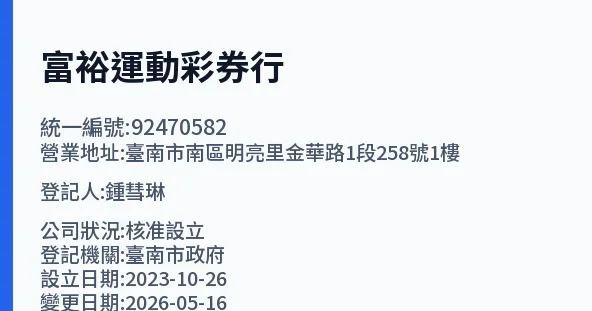 富裕運動彩券行的照片-統編 92470582(臺南市) 公司登記資料與營業項目詳細圖表