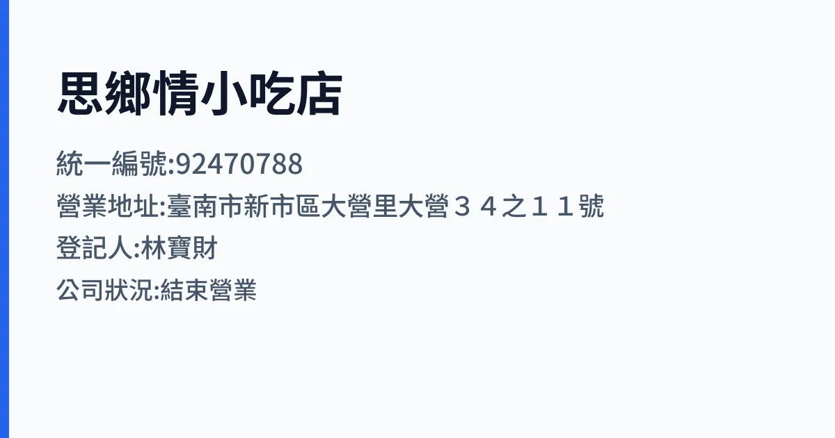 思鄉情小吃店 - 統編 92470788(臺南市) 公司登記資料與營業項目詳細圖表