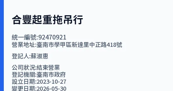 合豐起重拖吊行的照片-統編 92470921(臺南市) 公司登記資料與營業項目詳細圖表