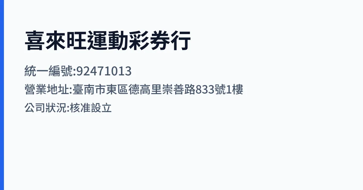 喜來旺運動彩券行 - 統編 92471013(臺南市) 公司登記資料與營業項目詳細圖表