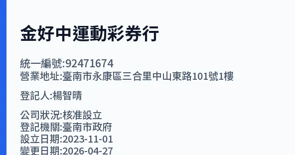 金好中運動彩券行的照片-統編 92471674(臺南市) 公司登記資料與營業項目詳細圖表
