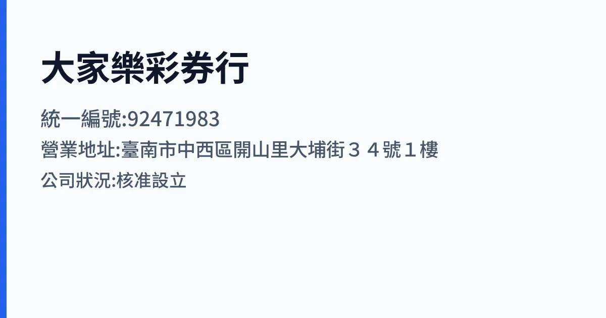 大家樂彩券行 - 統編 92471983(臺南市) 公司登記資料與營業項目詳細圖表