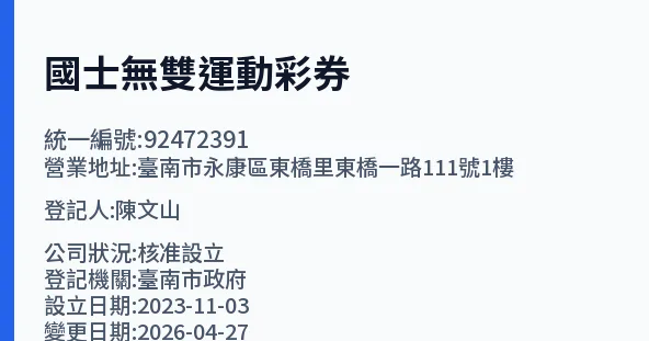 國士無雙運動彩券的照片-統編 92472391(臺南市) 公司登記資料與營業項目詳細圖表