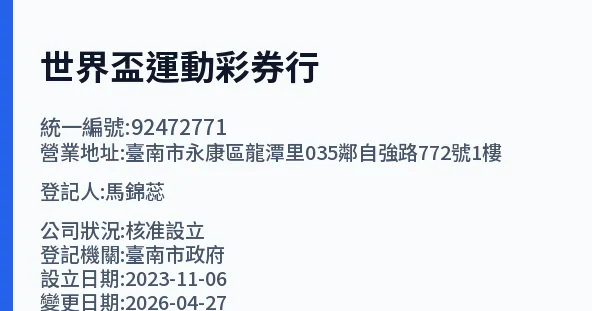 世界盃運動彩券行的照片-統編 92472771(臺南市) 公司登記資料與營業項目詳細圖表