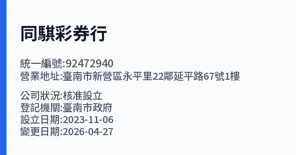 同騏彩券行的照片-統編 92472940(臺南市) 公司登記資料與營業項目詳細圖表