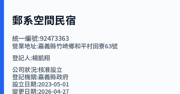 郵系空間民宿的照片-統編 92473363(嘉義縣) 公司登記資料與營業項目詳細圖表