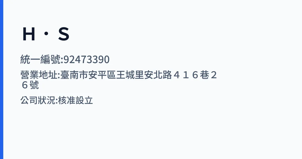 Ｈ．Ｓ - 統編 92473390（臺南市） 公司登記資料與營業項目詳細圖表