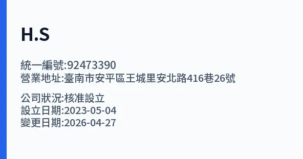 H.S的照片-統編 92473390(臺南市) 公司登記資料與營業項目詳細圖表