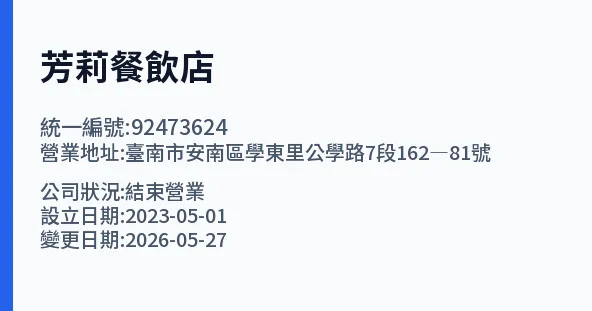 芳莉餐飲店的照片-統編 92473624(臺南市) 公司登記資料與營業項目詳細圖表