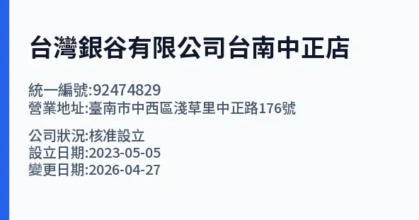 台灣銀谷有限公司台南中正店的照片-統編 92474829(臺南市) 公司登記資料與營業項目詳細圖表