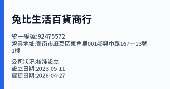 兔比生活百貨商行的照片-統編 92475572(臺南市) 公司登記資料與營業項目詳細圖表
