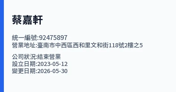 蔡嘉軒的照片-統編 92475897(臺南市) 公司登記資料與營業項目詳細圖表
