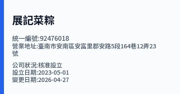 展記菜粽的照片-統編 92476018(臺南市) 公司登記資料與營業項目詳細圖表