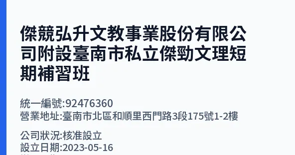 傑競弘升文教事業股份有限公司附設臺南市私立傑勁文理短期補習班的照片-統編 92476360(臺南市) 公司登記資料與營業項目詳細圖表