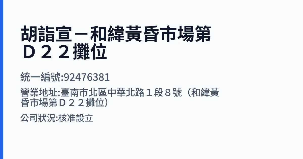 胡詣宣-和緯黃昏市場第D22攤位 - 統編 92476381(臺南市) 公司登記資料與營業項目詳細圖表