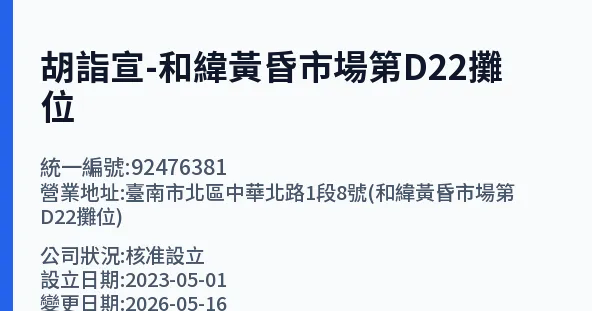 胡詣宣-和緯黃昏市場第D22攤位的照片-統編 92476381(臺南市) 公司登記資料與營業項目詳細圖表