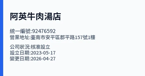 阿英牛肉湯店的照片-統編 92476592(臺南市) 公司登記資料與營業項目詳細圖表