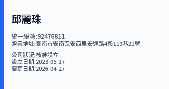 邱麗珠的照片-統編 92476811(臺南市) 公司登記資料與營業項目詳細圖表