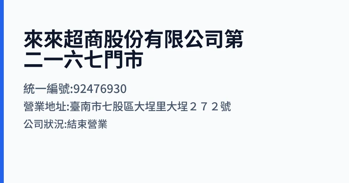 來來超商股份有限公司第二一六七門市 - 統編 92476930(臺南市) 公司登記資料與營業項目詳細圖表