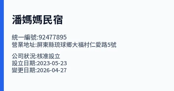 潘媽媽民宿的照片-統編 92477895(屏東縣) 公司登記資料與營業項目詳細圖表