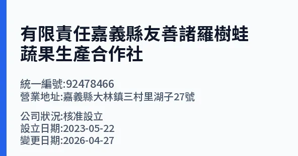 有限責任嘉義縣友善諸羅樹蛙蔬果生產合作社的照片-統編 92478466(嘉義縣) 公司登記資料與營業項目詳細圖表