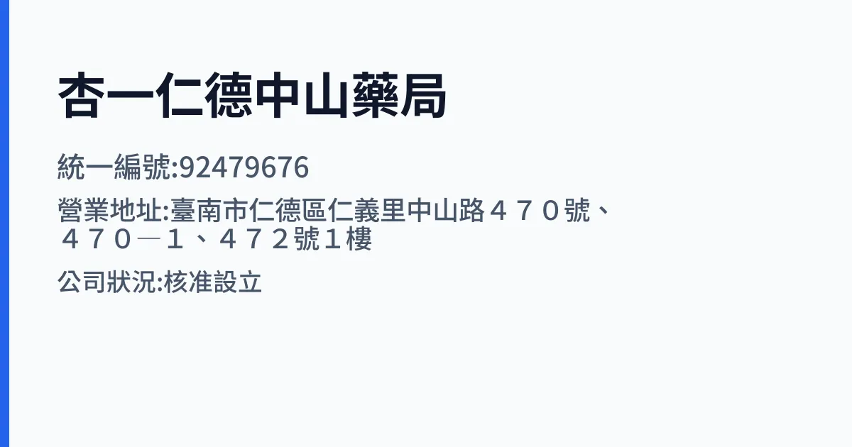 杏一仁德中山藥局 - 統編 92479676(臺南市) 公司登記資料與營業項目詳細圖表