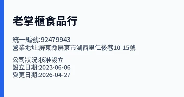 老掌櫃食品行的照片-統編 92479943(屏東縣) 公司登記資料與營業項目詳細圖表
