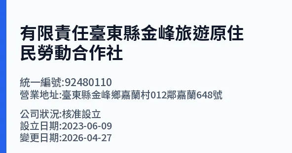 有限責任臺東縣金峰旅遊原住民勞動合作社的照片-統編 92480110(臺東縣) 公司登記資料與營業項目詳細圖表
