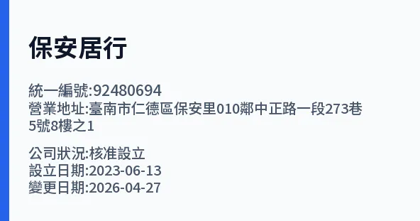 保安居行的照片-統編 92480694(臺南市) 公司登記資料與營業項目詳細圖表