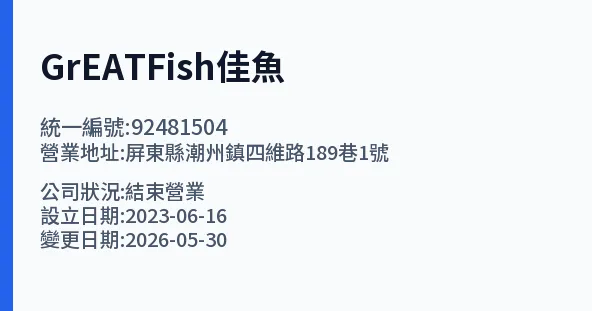 GrEATFish佳魚的照片-統編 92481504(屏東縣) 公司登記資料與營業項目詳細圖表