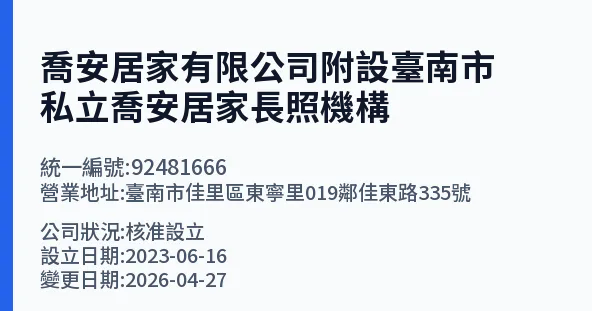 喬安居家有限公司附設臺南市私立喬安居家長照機構的照片-統編 92481666(臺南市) 公司登記資料與營業項目詳細圖表