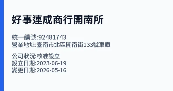 好事連成商行開南所的照片-統編 92481743(臺南市) 公司登記資料與營業項目詳細圖表