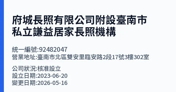 府城長照有限公司附設臺南市私立謙益居家長照機構的照片-統編 92482047(臺南市) 公司登記資料與營業項目詳細圖表