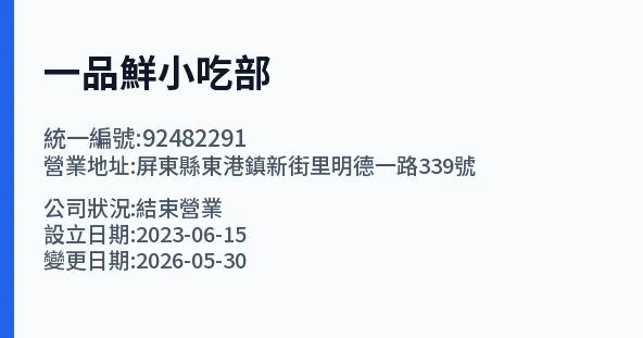 一品鮮小吃部的照片-統編 92482291(屏東縣) 公司登記資料與營業項目詳細圖表