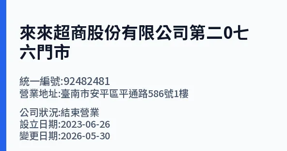 來來超商股份有限公司第二0七六門市的照片-統編 92482481(臺南市) 公司登記資料與營業項目詳細圖表