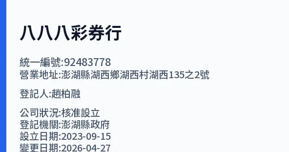 八八八彩券行的照片-統編 92483778(澎湖縣) 公司登記資料與營業項目詳細圖表