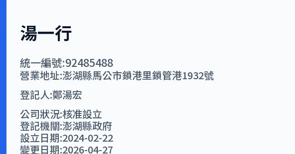 湯一行的照片-統編 92485488(澎湖縣) 公司登記資料與營業項目詳細圖表