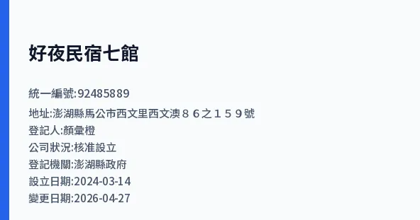 好夜民宿七館的照片-統編 92485889(澎湖縣) 公司登記資料與營業項目詳細圖表