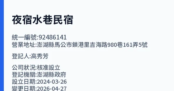 夜宿水巷民宿的照片-統編 92486141(澎湖縣) 公司登記資料與營業項目詳細圖表