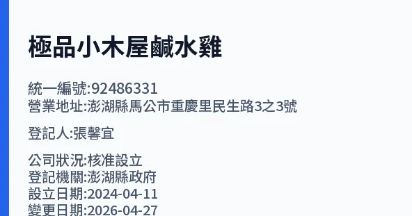 極品小木屋鹹水雞的照片-統編 92486331(澎湖縣) 公司登記資料與營業項目詳細圖表