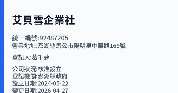 艾貝雪企業社的照片-統編 92487205(澎湖縣) 公司登記資料與營業項目詳細圖表