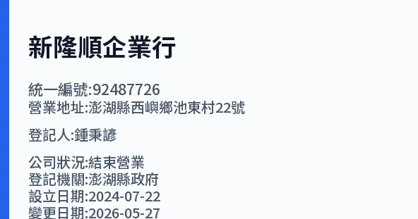新隆順企業行的照片-統編 92487726(澎湖縣) 公司登記資料與營業項目詳細圖表