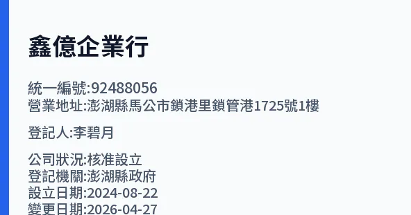 鑫億企業行的照片-統編 92488056(澎湖縣) 公司登記資料與營業項目詳細圖表