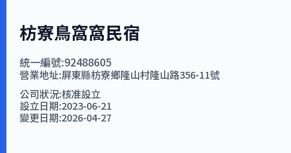 枋寮鳥窩窩民宿的照片-統編 92488605(屏東縣) 公司登記資料與營業項目詳細圖表