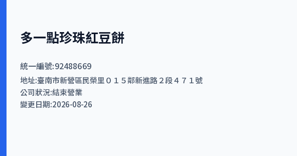 多一點珍珠紅豆餅的照片-統編 92488669(臺南市) 公司登記資料與營業項目詳細圖表