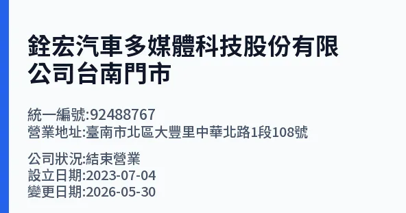 銓宏汽車多媒體科技股份有限公司台南門市的照片-統編 92488767(臺南市) 公司登記資料與營業項目詳細圖表