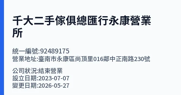 千大二手傢俱總匯行永康營業所的照片-統編 92489175(臺南市) 公司登記資料與營業項目詳細圖表