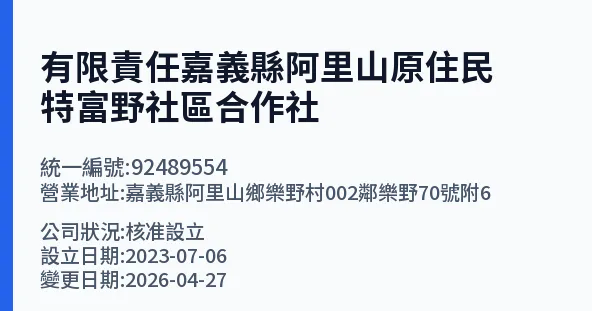 有限責任嘉義縣阿里山原住民特富野社區合作社的照片-統編 92489554(嘉義縣) 公司登記資料與營業項目詳細圖表