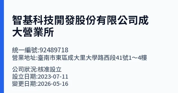 智基科技開發股份有限公司成大營業所的照片-統編 92489718(臺南市) 公司登記資料與營業項目詳細圖表